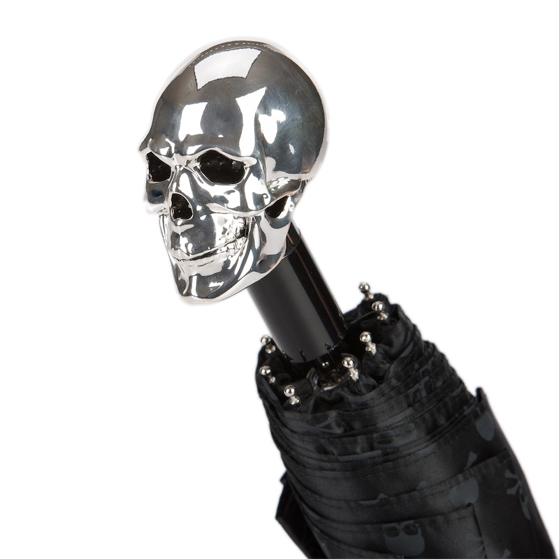 Designer Rebel Silver Skull Handle Black Printed Folding Umbrella for