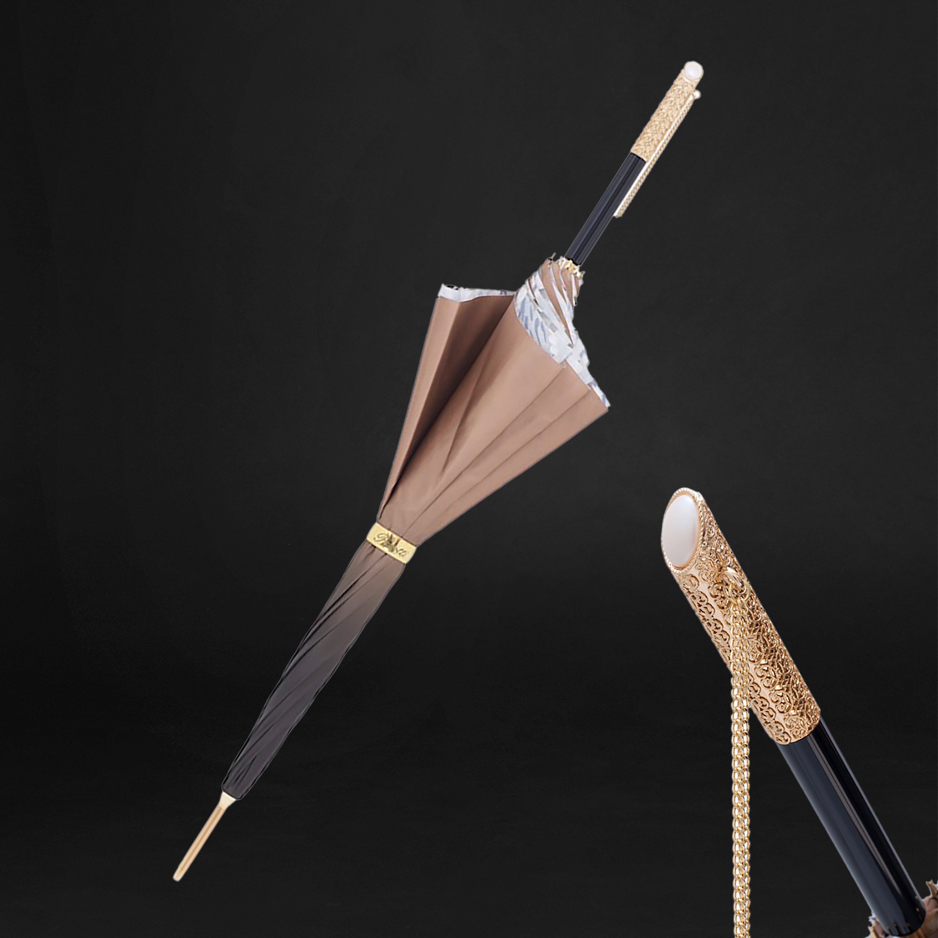 Designer Light Gold Pearls Handle Print Double Cloth Umbrella | ART ...