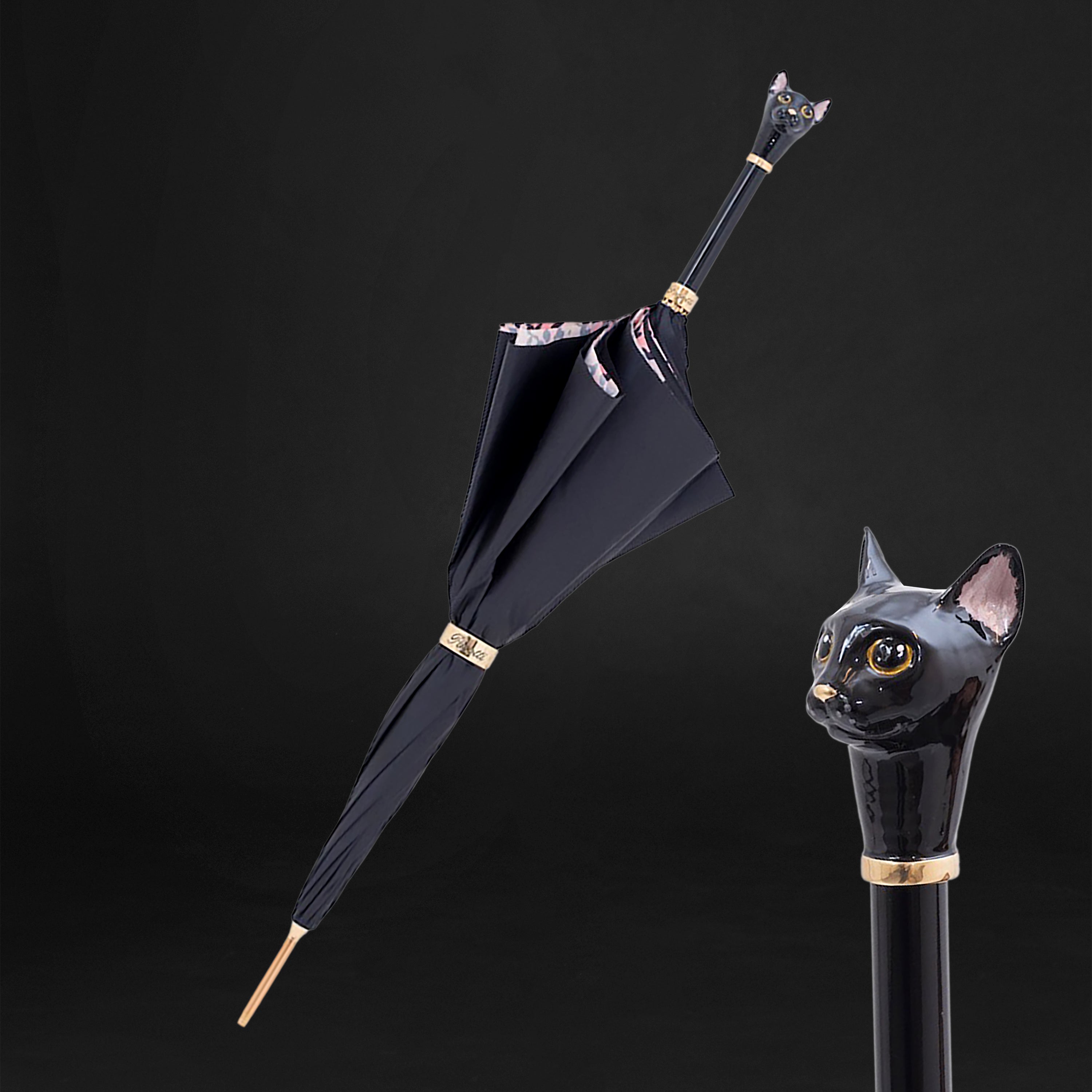 Elegant Black Cat Handle Blue Umbrella and Animalier Print Intrerior f