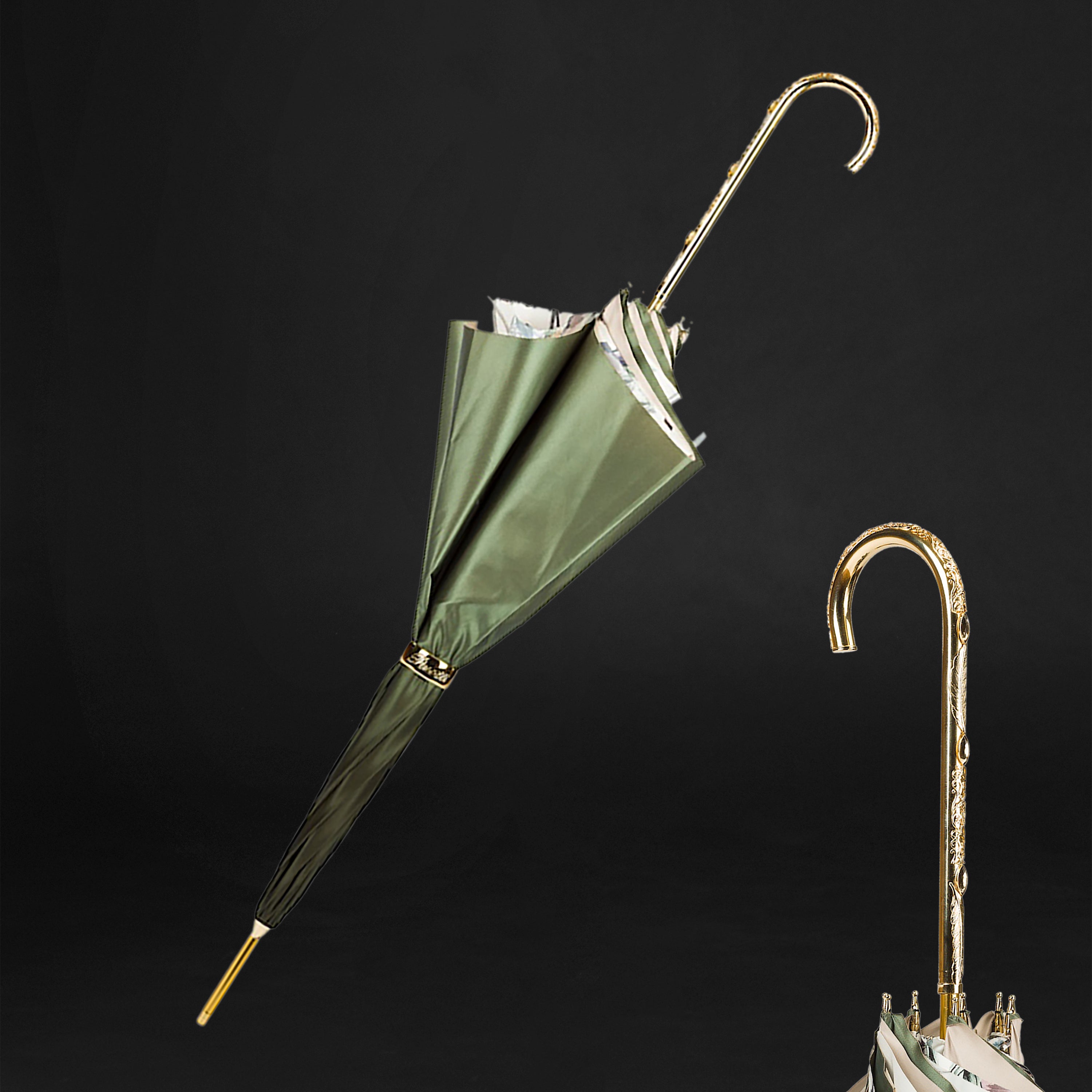 Jeweled Brass Handle Double Cloth Olive Green Umbrella