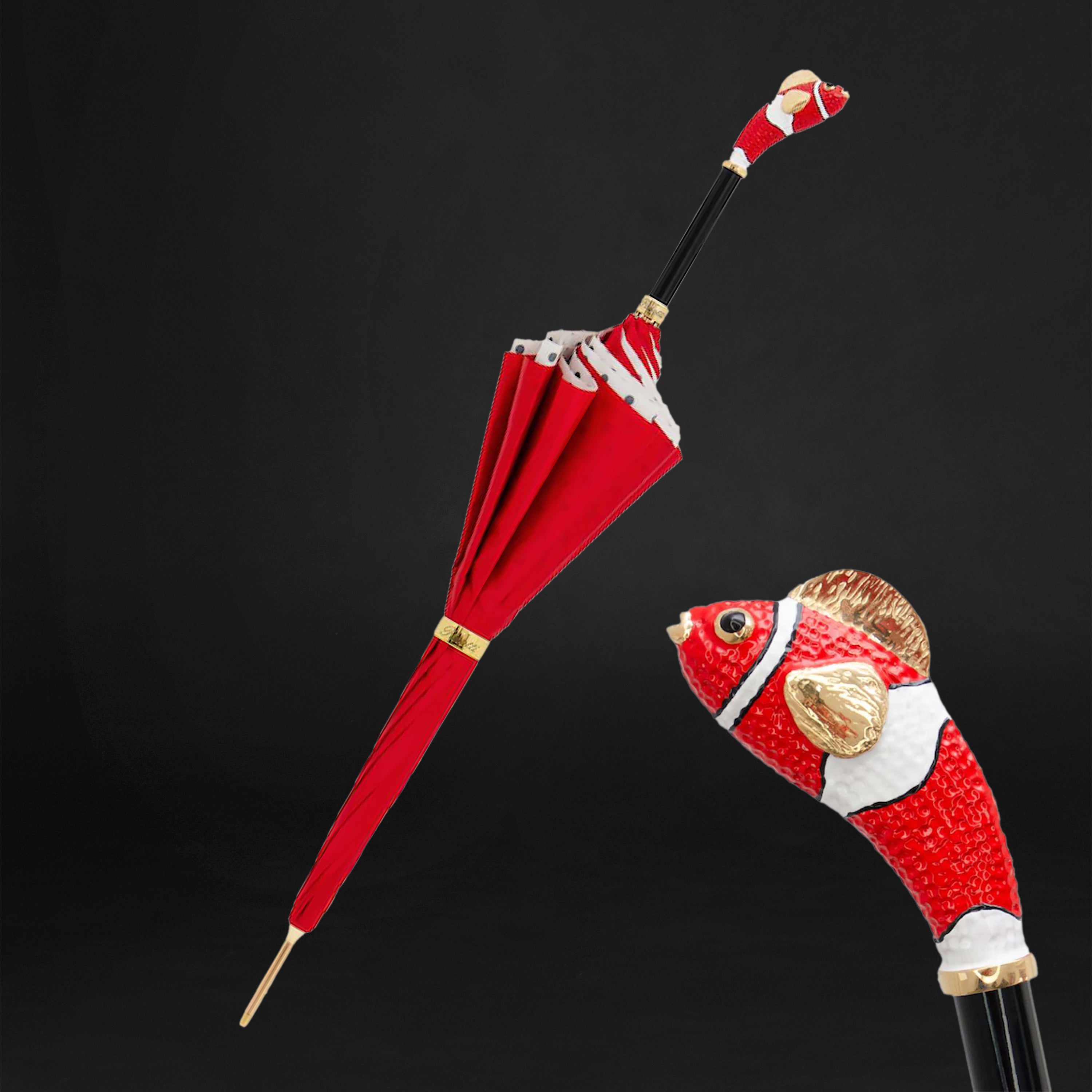 Fancy Red Fish Handle Double Cloth Red Umbrella with Polka Dot Interio