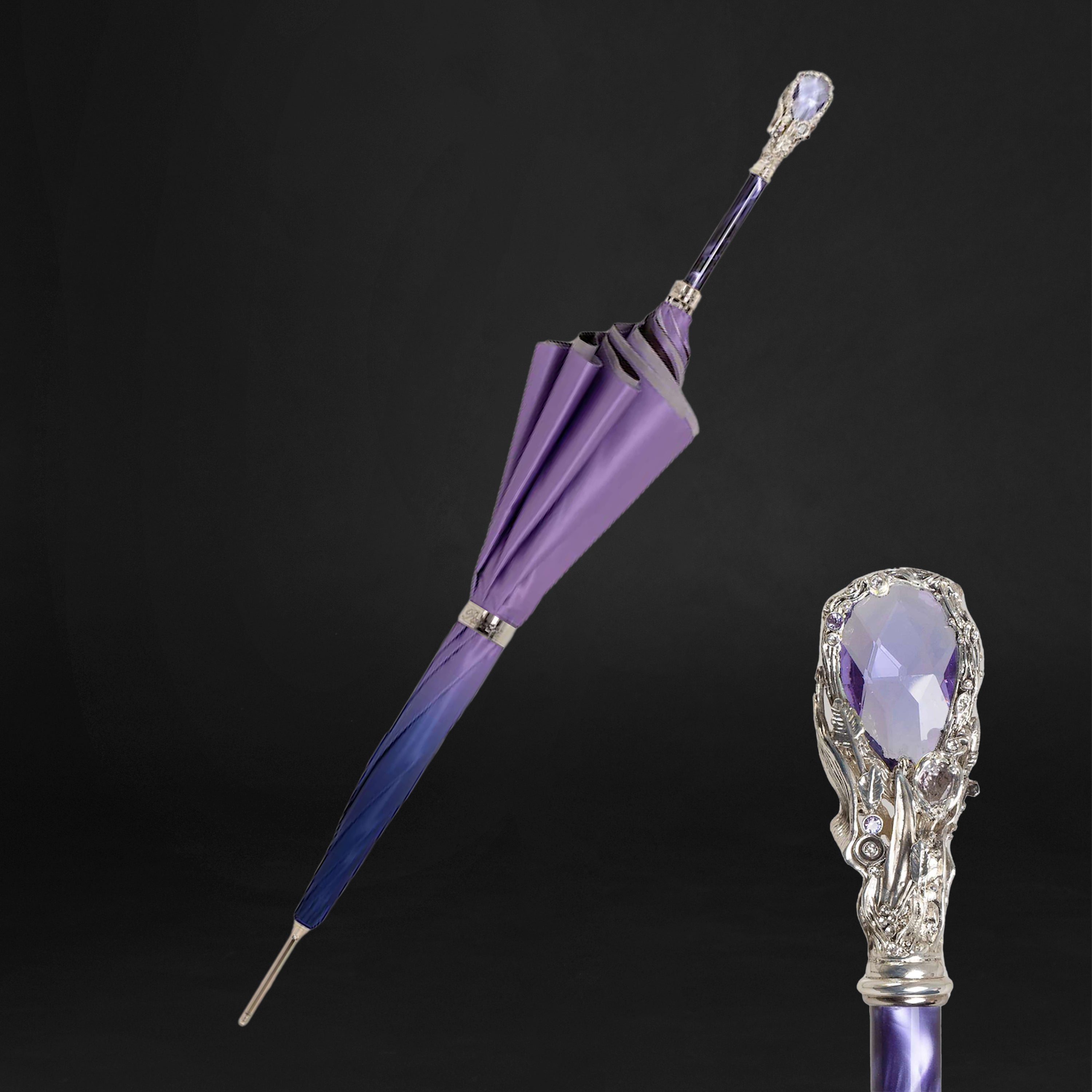 Elegant Paisley Purple Gem Handle Purple Canopy Umbrella with Print In