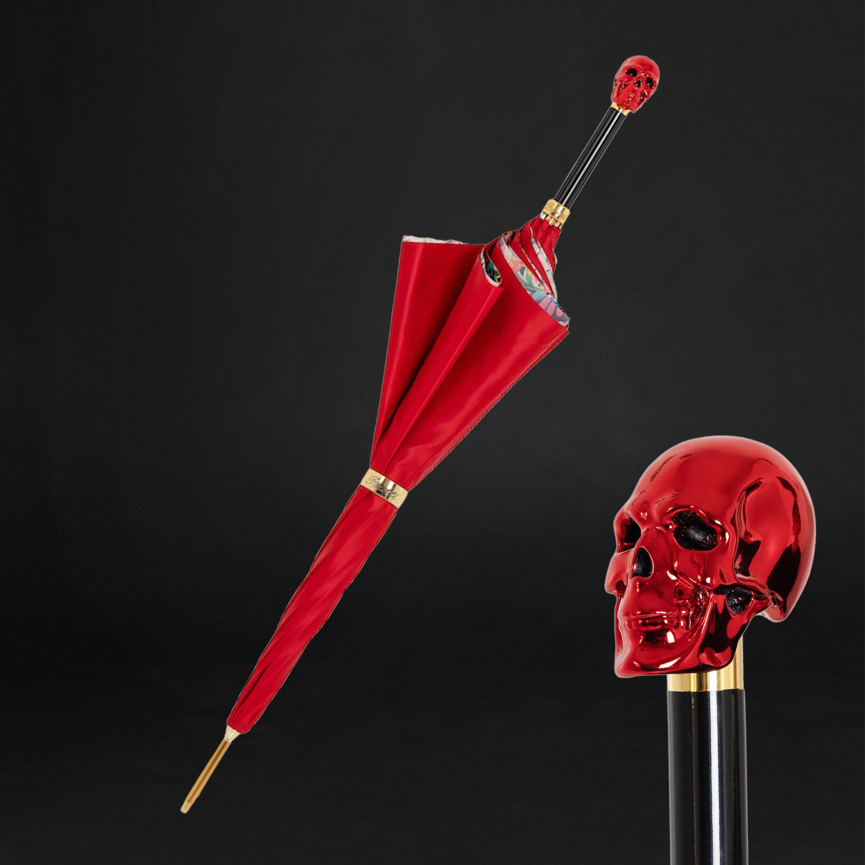 Exclusive Rebel Red Skull Handle Red Umbrella with Printed Interior