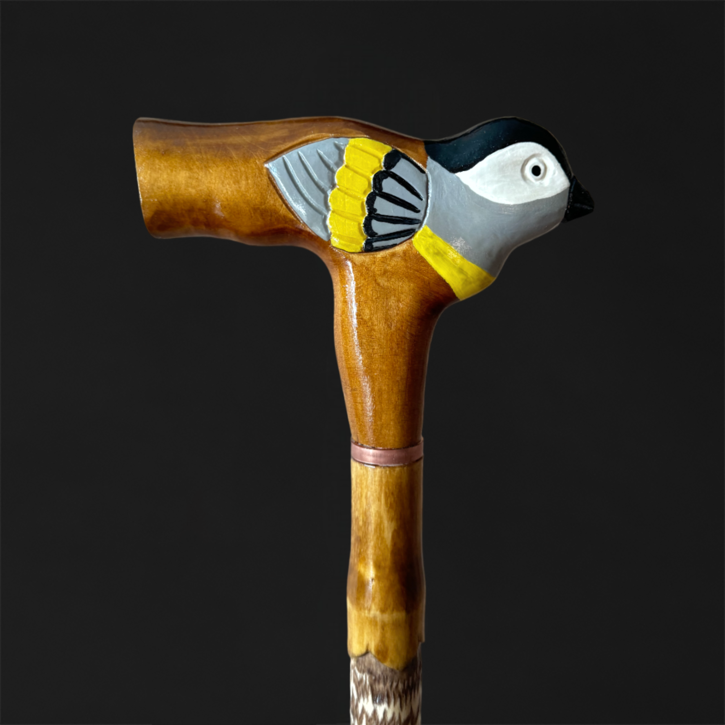 Paridae Wooden Walking Stick, Birds Artwork Cane Staff | ART WALKING STICKS