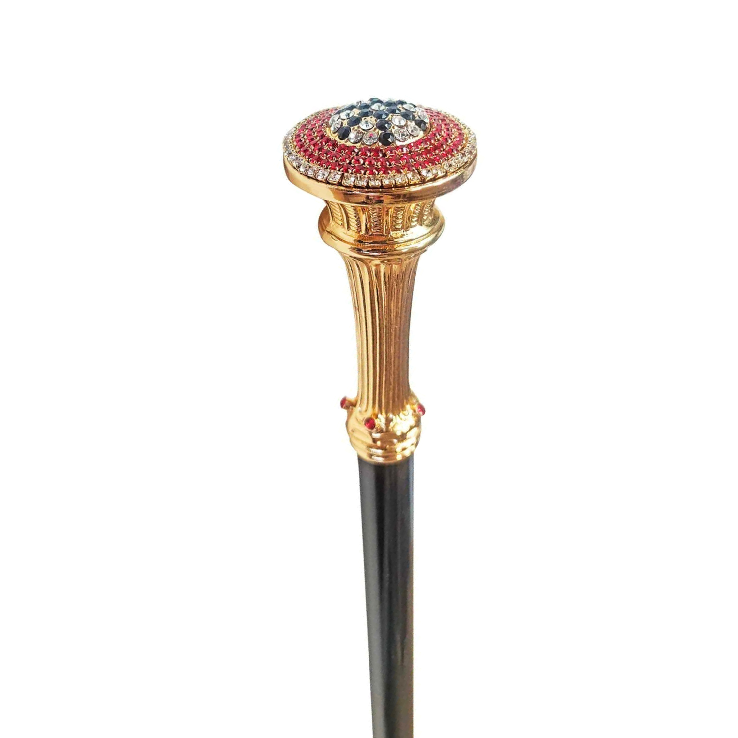 Artistic Walking Stick with Red, White, and Black Crystals - Handmade