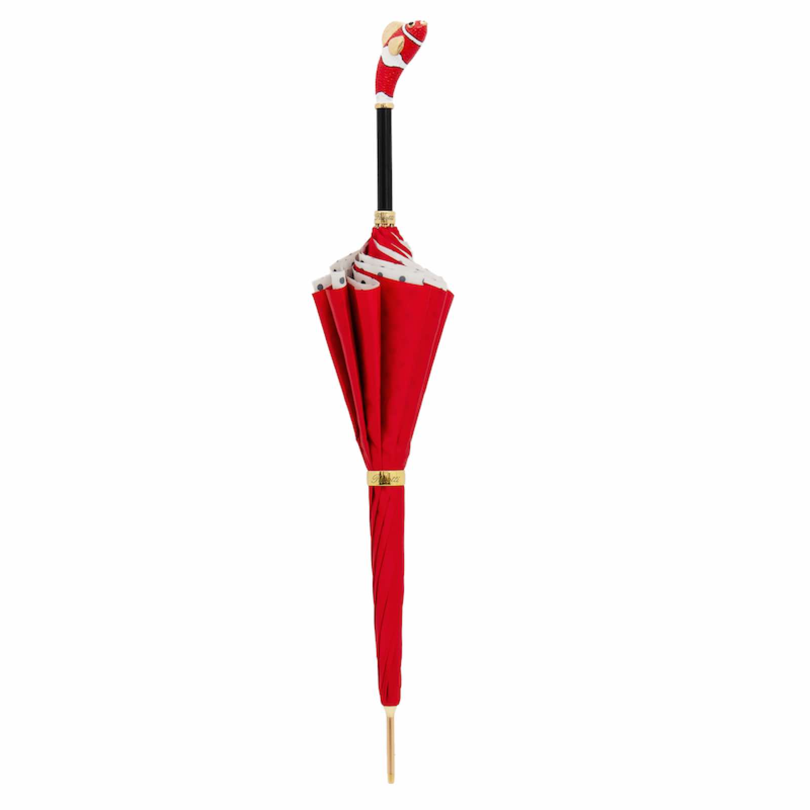 Fancy Red Fish Handle Double Cloth Red Umbrella with Polka Dot Interio