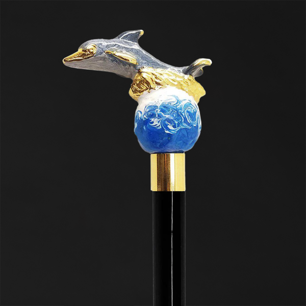 Brilliant Enamelled Dolphin Art Walking Cane Handmade