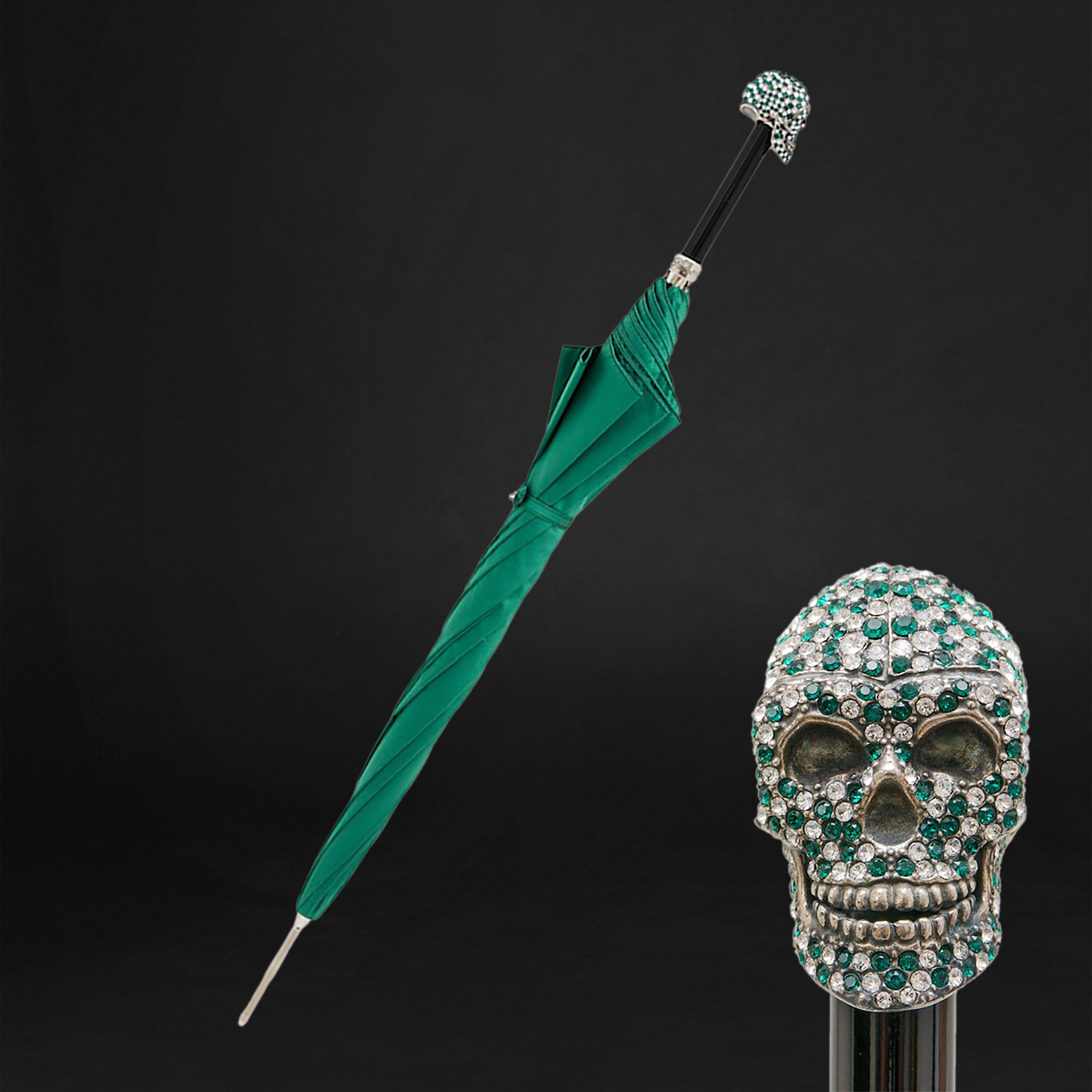 Premium Green Swarovski® Skull Designer Handle Green Umbrella for Her
