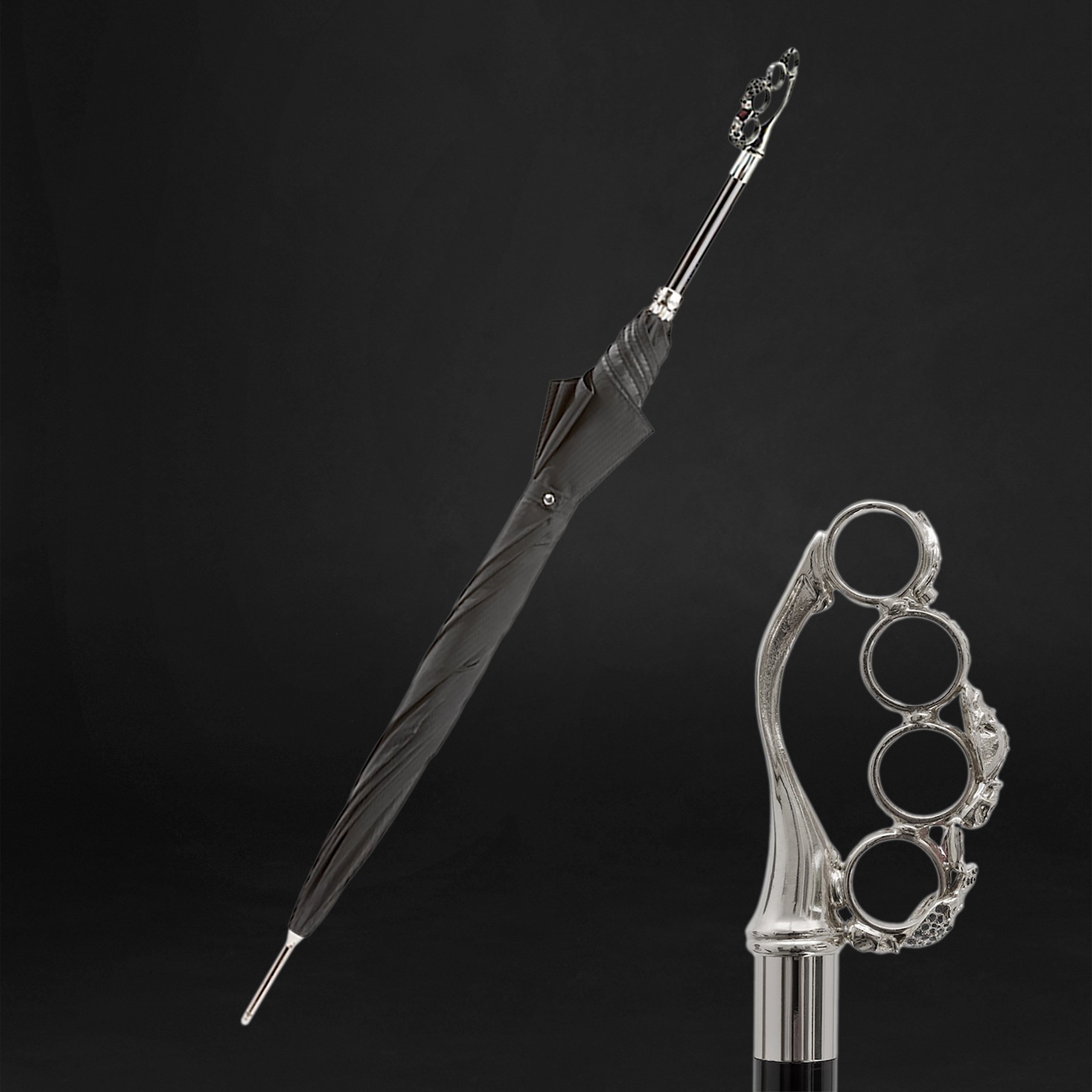 Silver Umbrella with Brass Knuckleduster Handle | ART WALKING STICKS