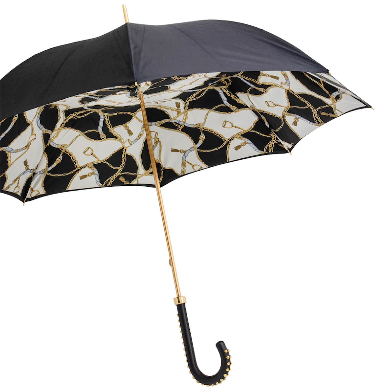 Black Double Cloth Umbrella with Bridles Print Interior and Leather ...