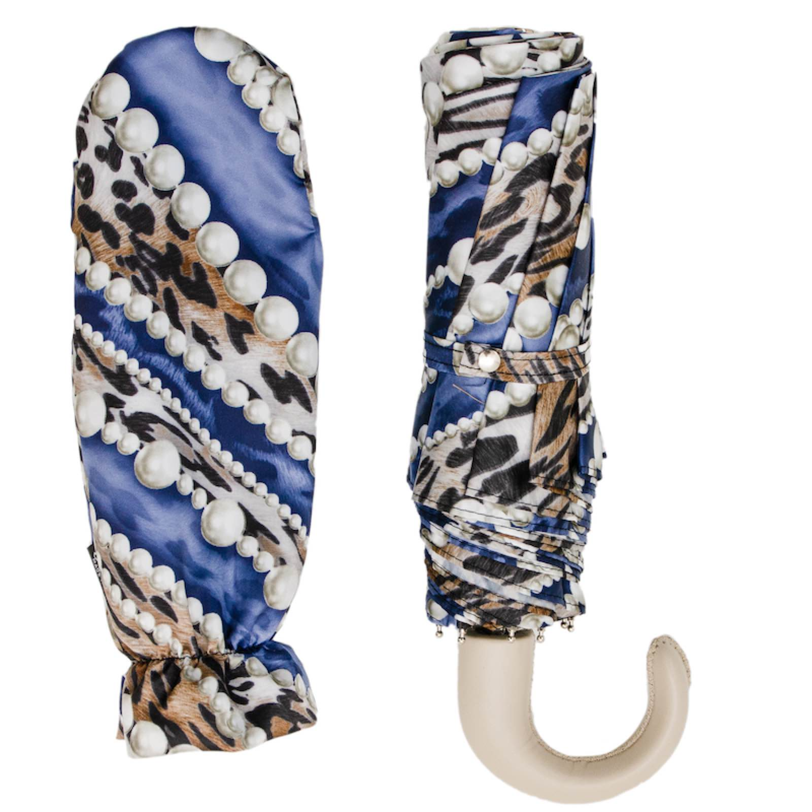 Designer Folding Umbrella with Pearl Print and Leather Handle for Her