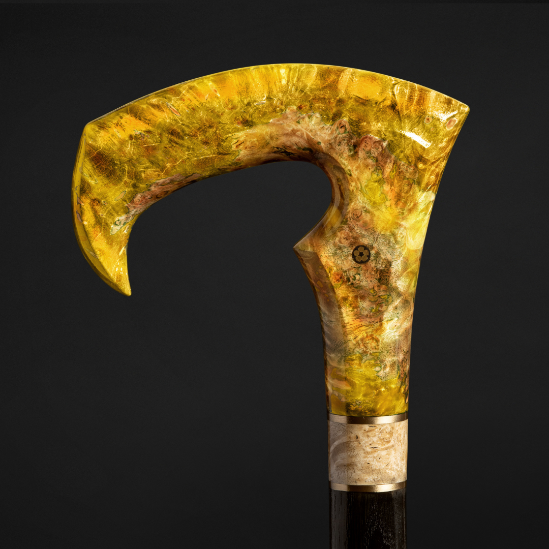 Modern Futuristic Walking Stick with Yellow Burl Wood Color Handle