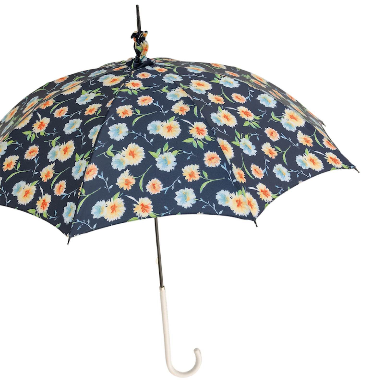 Unique Design Flowered Print Blue Parasol with White Leather Handle fo