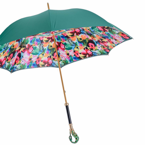 Exclusive Frog Handle Double Cloth Green Umbrella with Flowered Interi