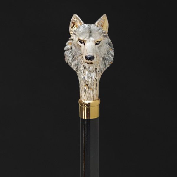 24K Gold Plated Walking Stick with Hand-Enamelled Wolf Design