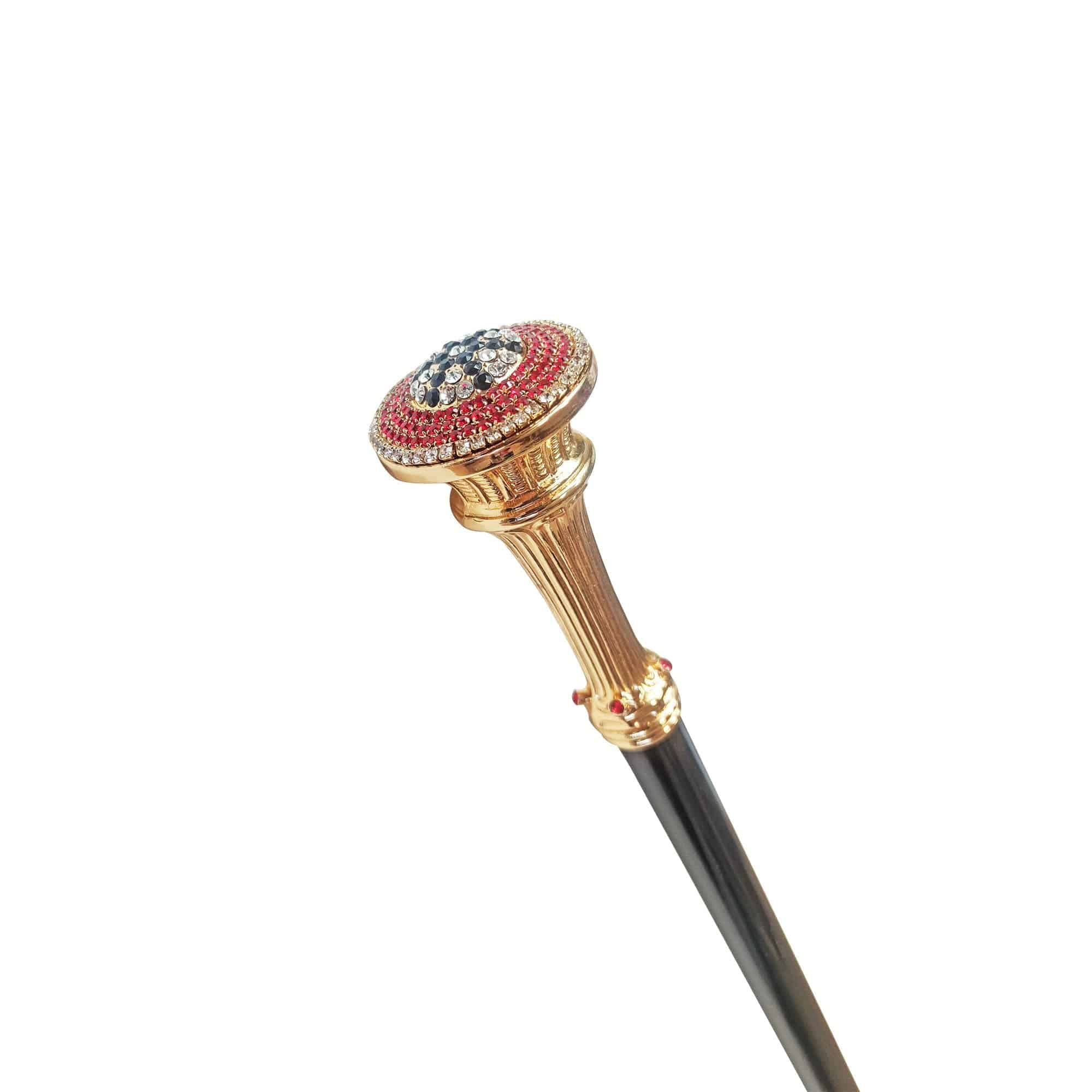 Artistic Walking Stick with Red, White, and Black Crystals - Handmade