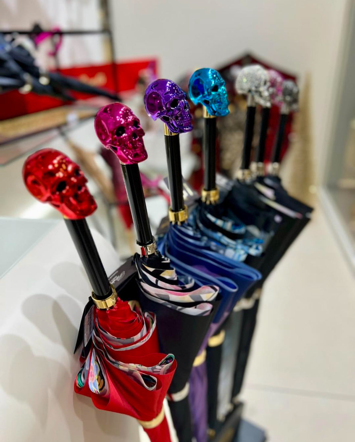 Exclusive Rebel Red Skull Handle Red Umbrella with Printed Interior