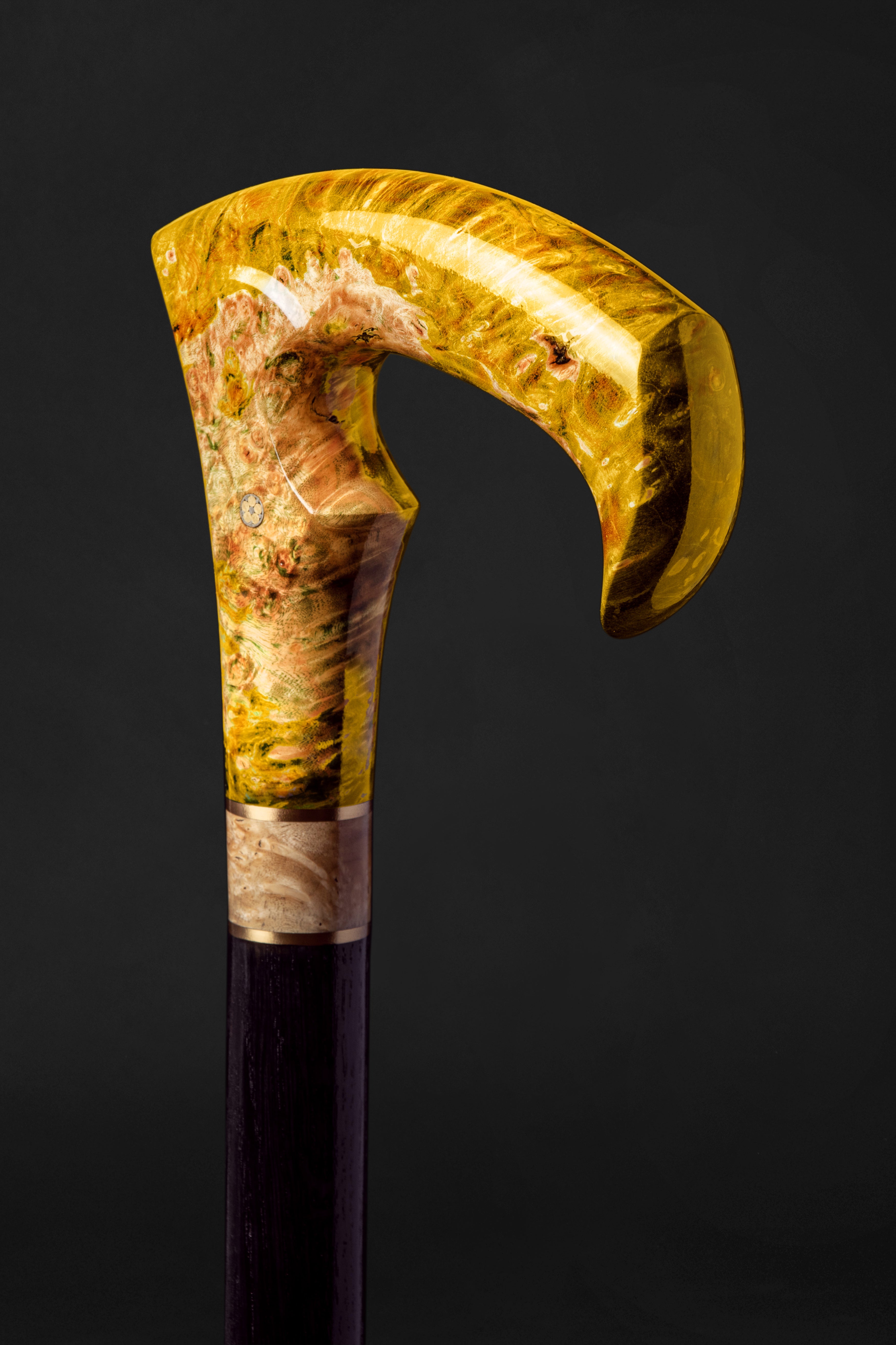 Modern Futuristic Walking Stick with Yellow Burl Wood Color Handle