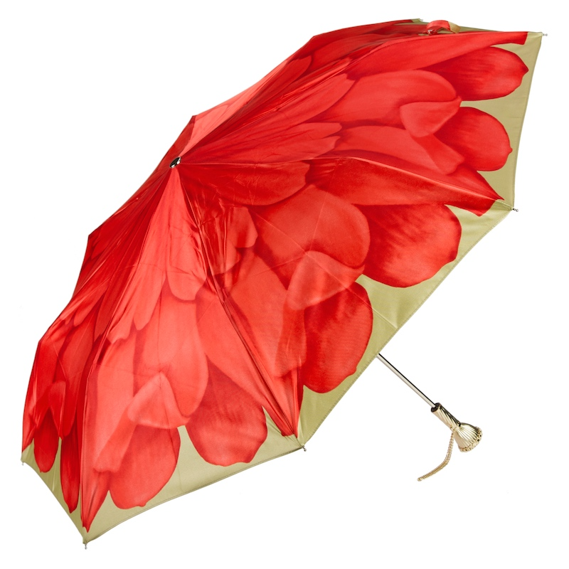Exclusive Red Dahlia Print Folding Umbrella with Golden Brass Handle ...