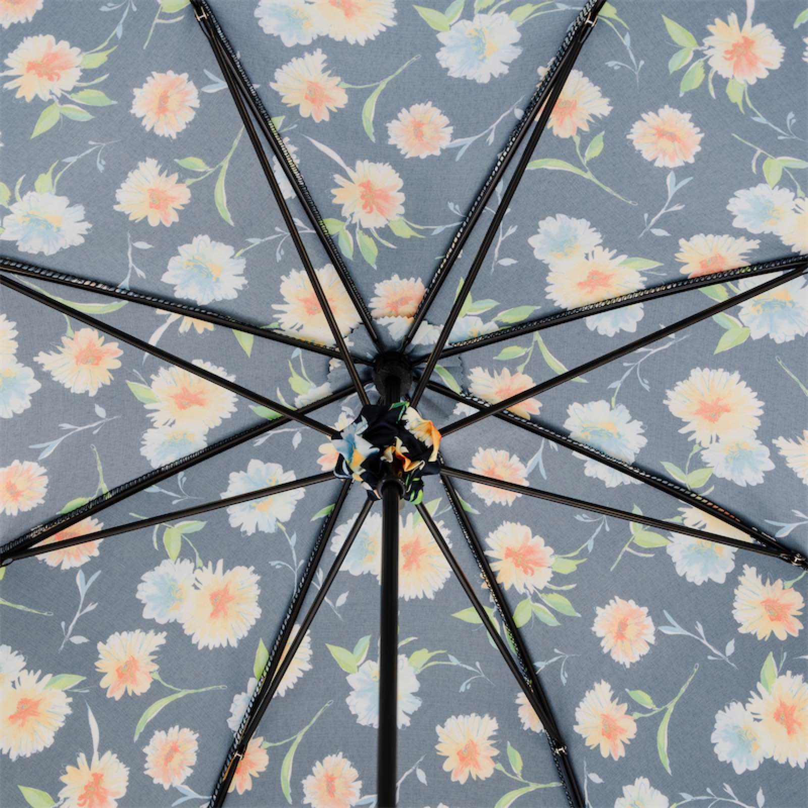Unique Design Flowered Print Blue Parasol with White Leather Handle fo