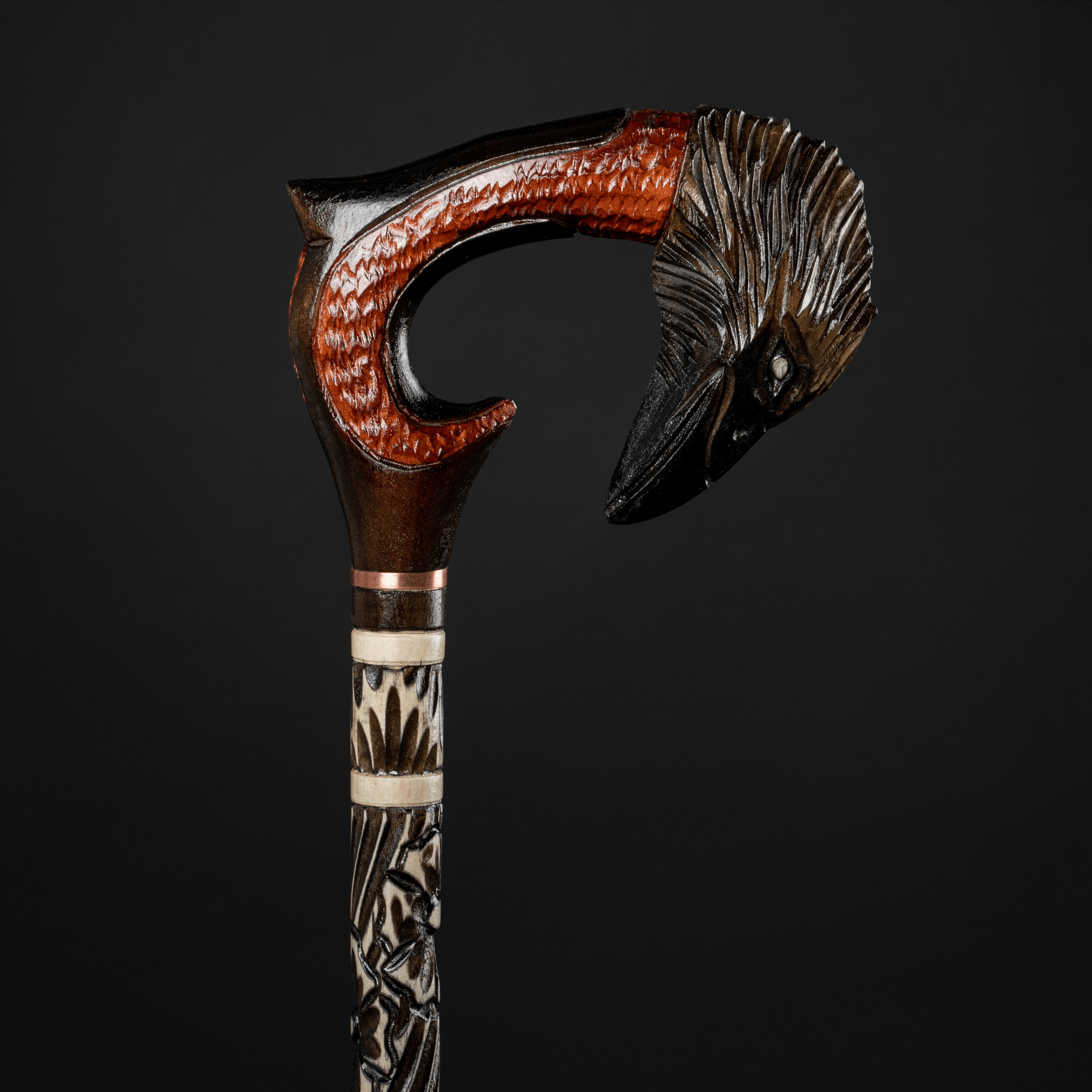 Animal Raven Walking Cane Hand Carved Wood Birds Decorative