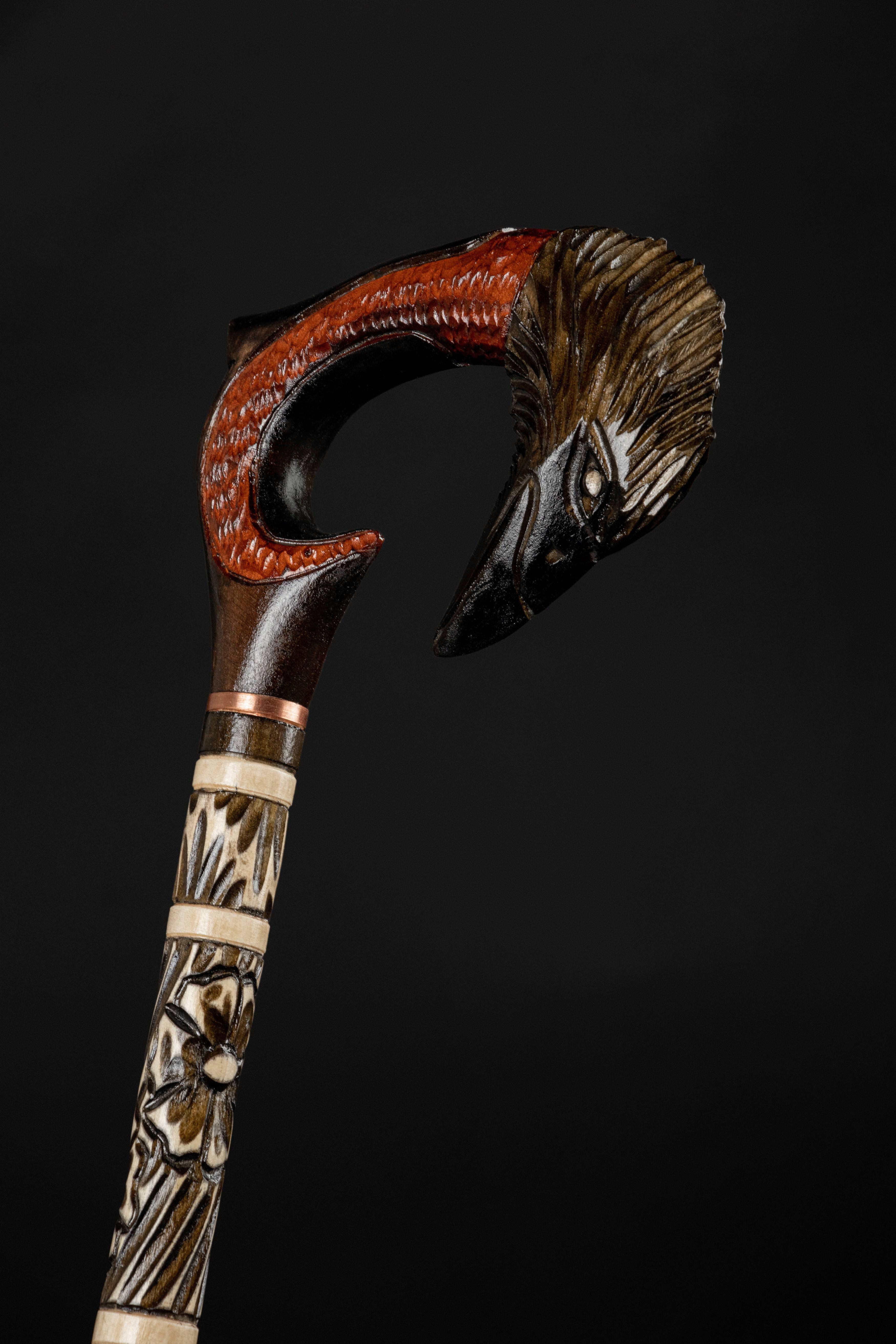 Animal Raven Walking Cane Hand Carved Wood Birds Decorative