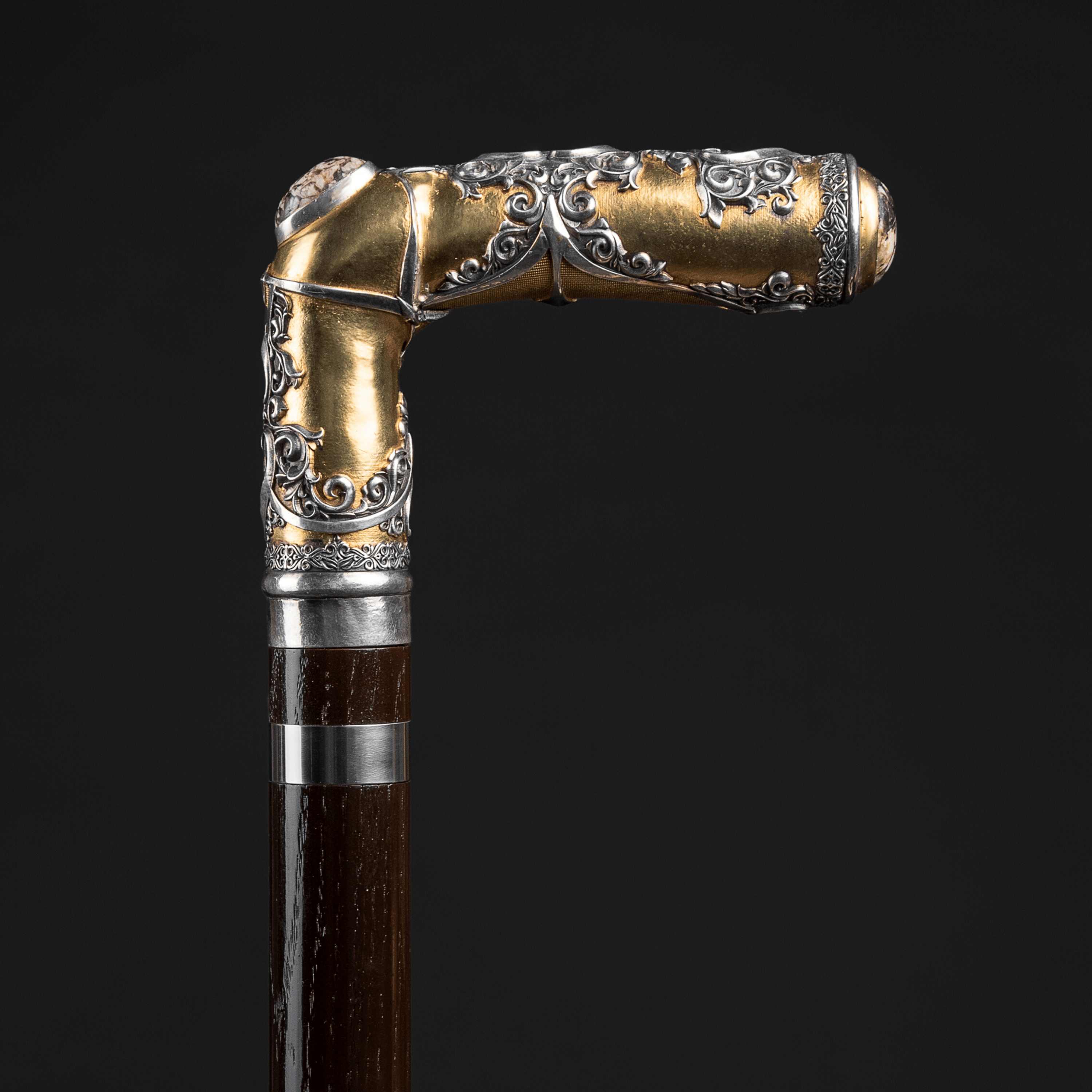 Antique Fancy Walking Stick Top Oak Shaft, Presentation Cane