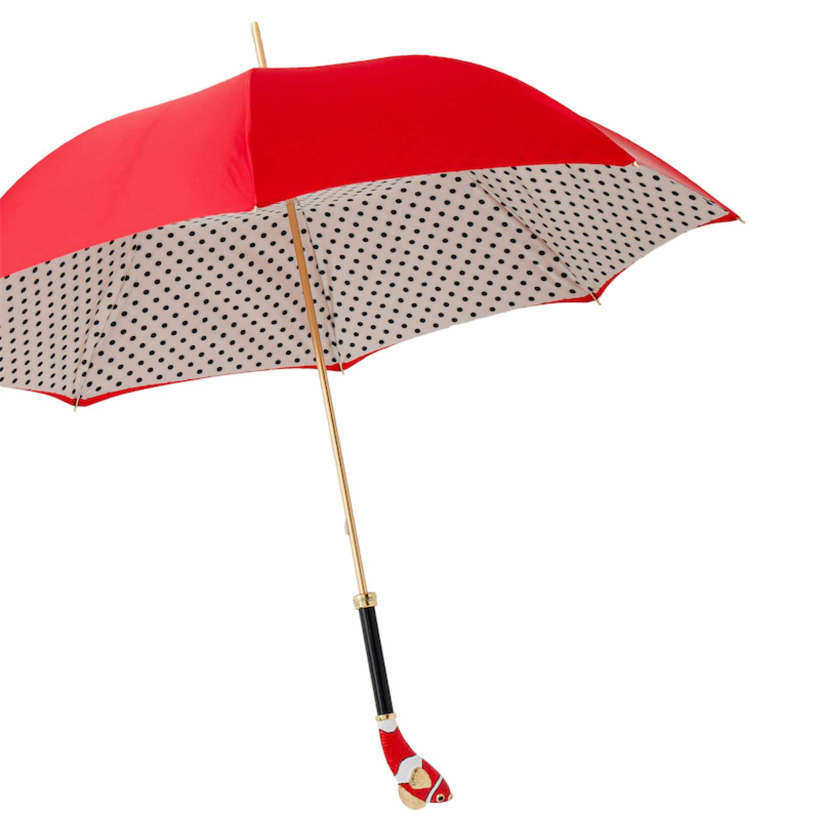 Fancy Red Fish Handle Double Cloth Red Umbrella with Polka Dot Interio