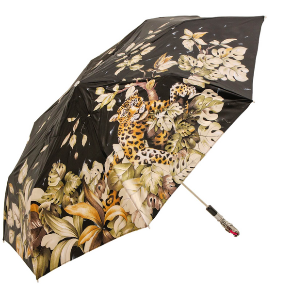 Designer Leopard Print Folding Umbrella with Red Gem Handle for Women ...