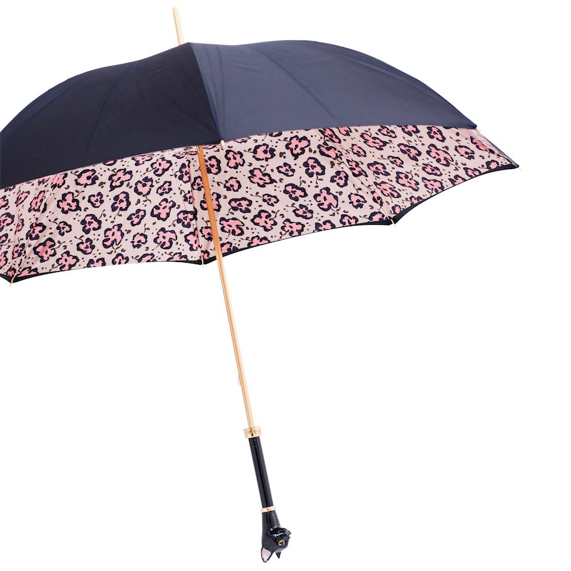 Elegant Black Cat Handle Blue Umbrella and Animalier Print Intrerior f