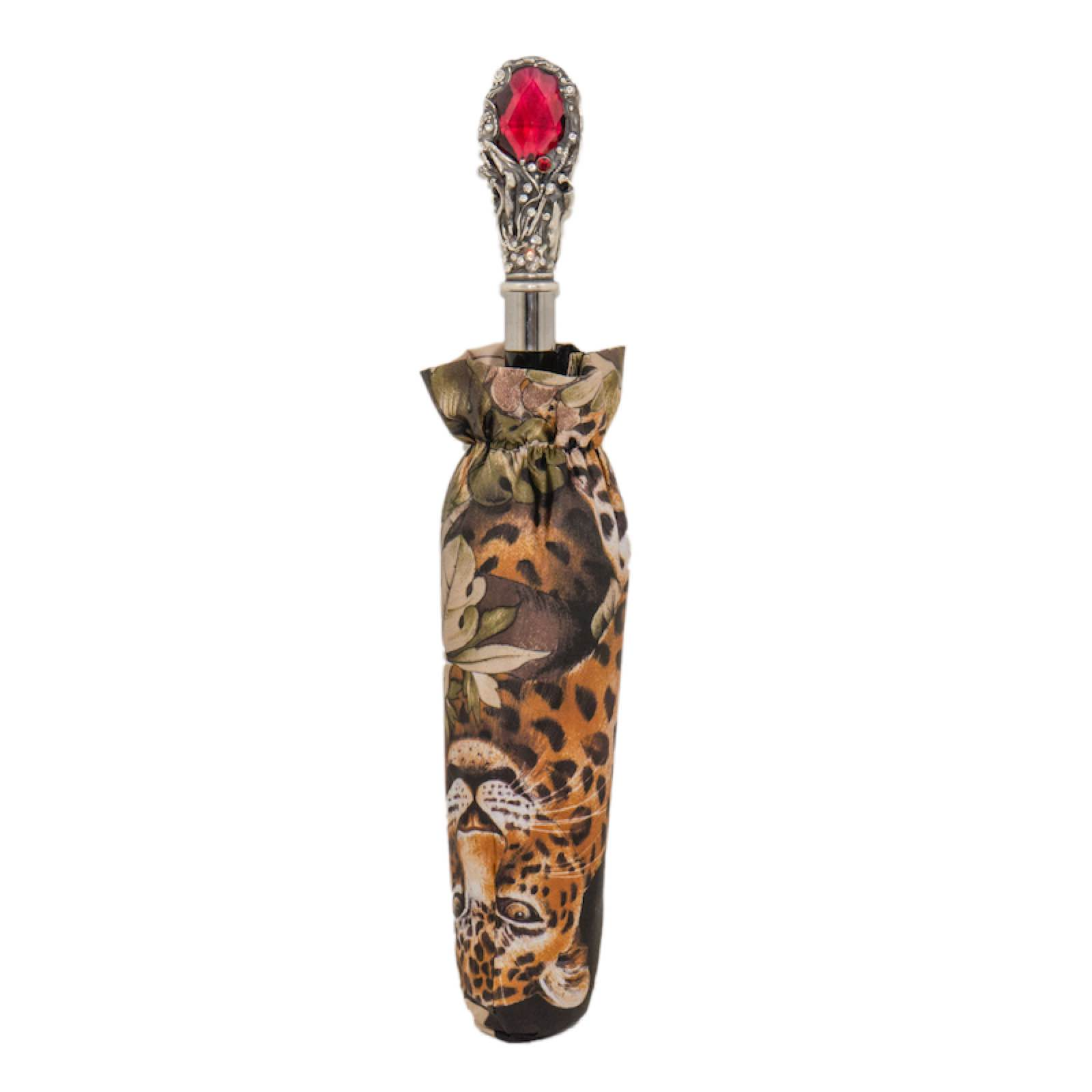 Designer Leopard Print Folding Umbrella with Red Gem Handle for Women ...