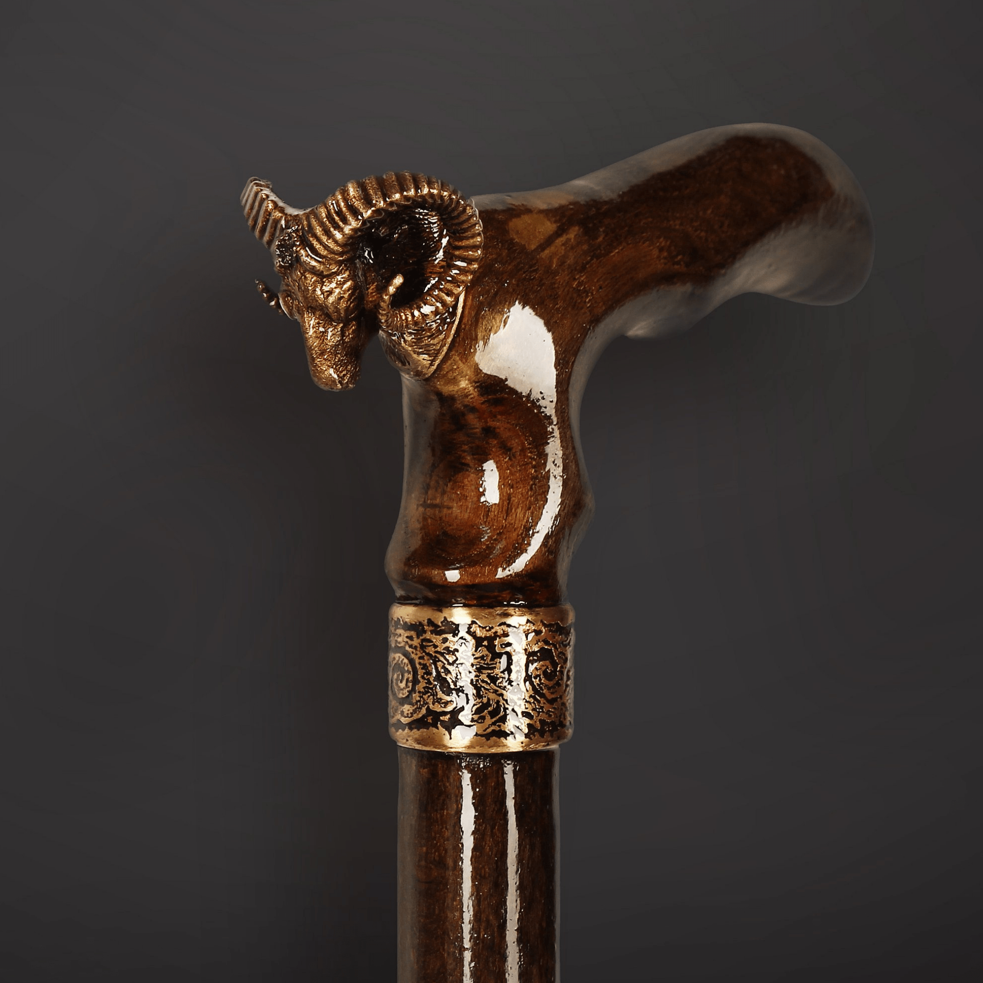 Fine Antique Cane For Men, Brass Head Bighorn Sheep - Hiking Stick