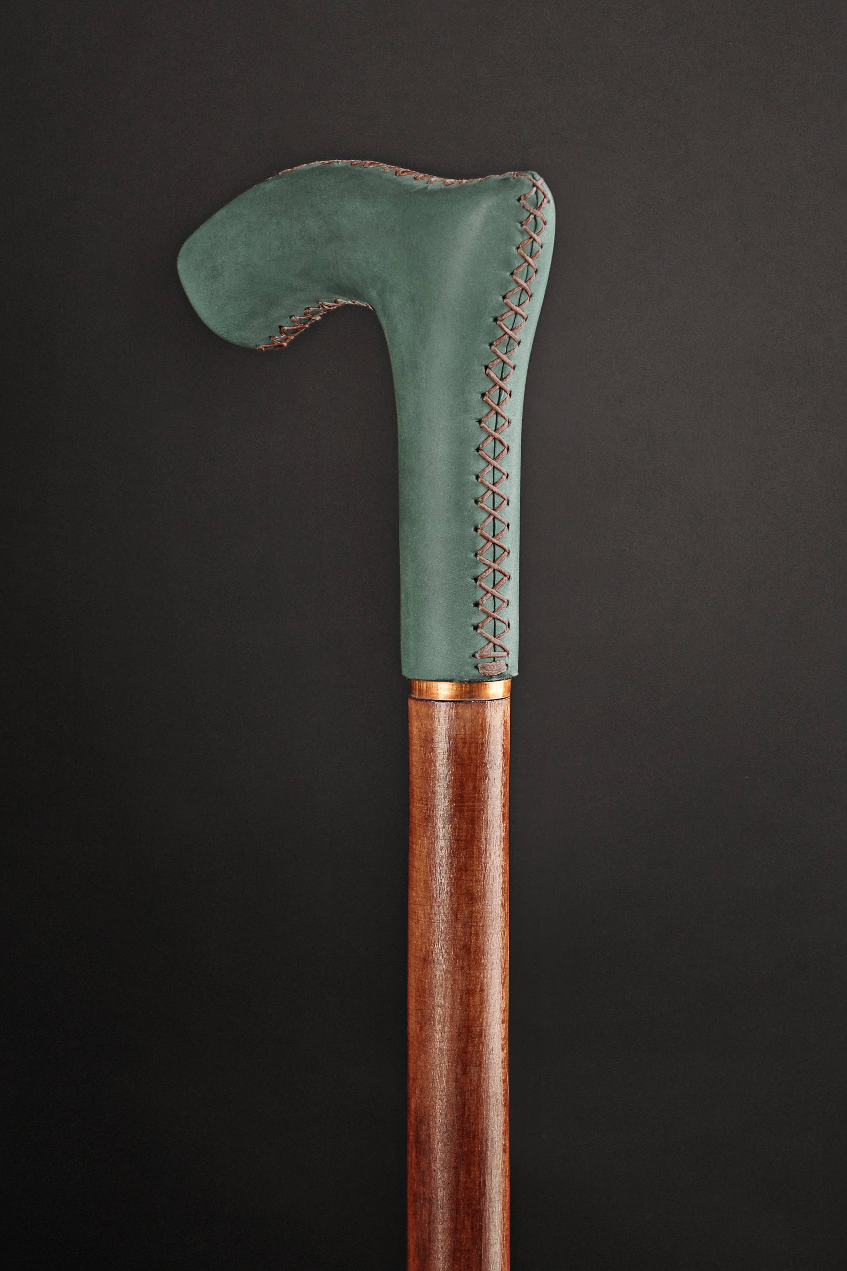 LEATHER Walking Stick Green - Handle Wood Walking Cane, Elegant Walking ...