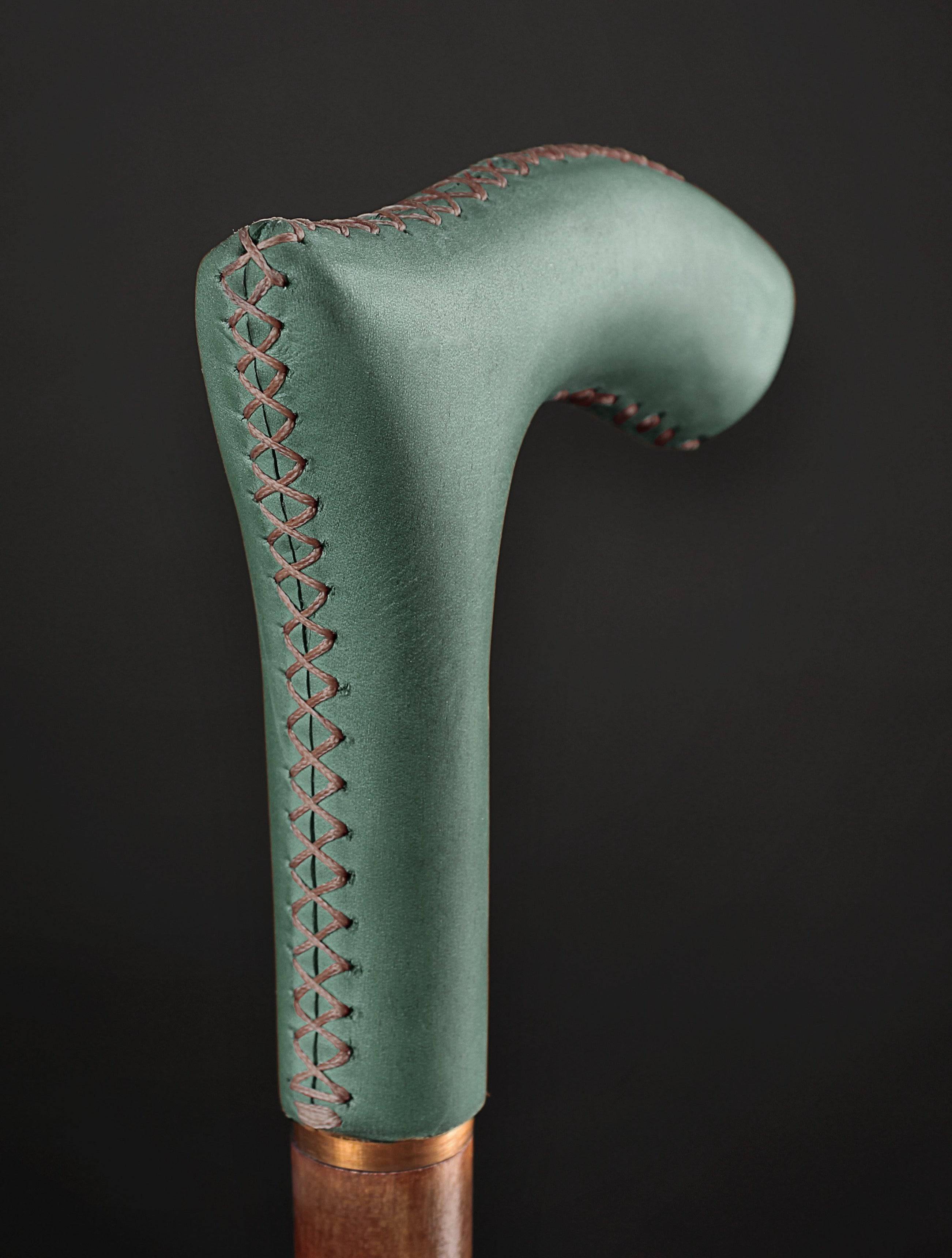 LEATHER Walking Stick Green - Handle Wood Walking Cane, Elegant Walking ...