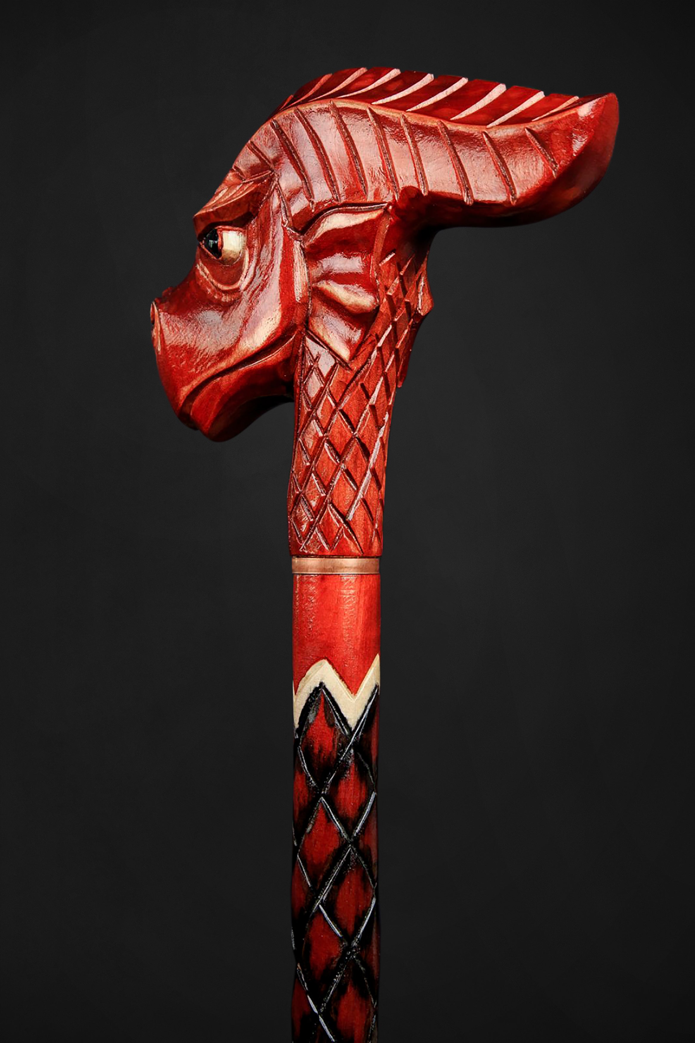 Red Wooden Dragon Head Walking Stick, Hand Carved Handle Hand Painting ...