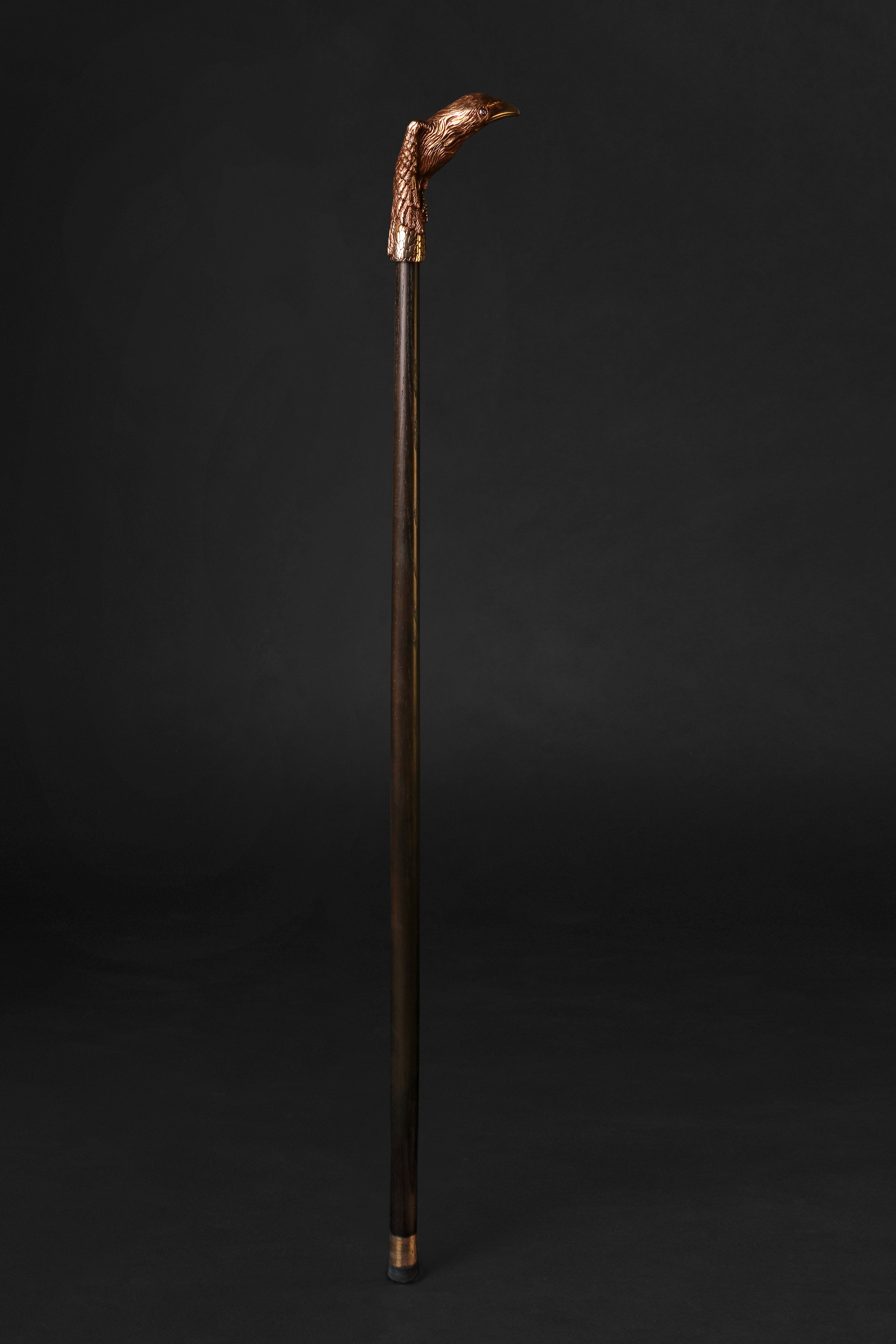 Luxury Crow Walking Stick with Blue Crystals, Ergonomic Handle, Artist