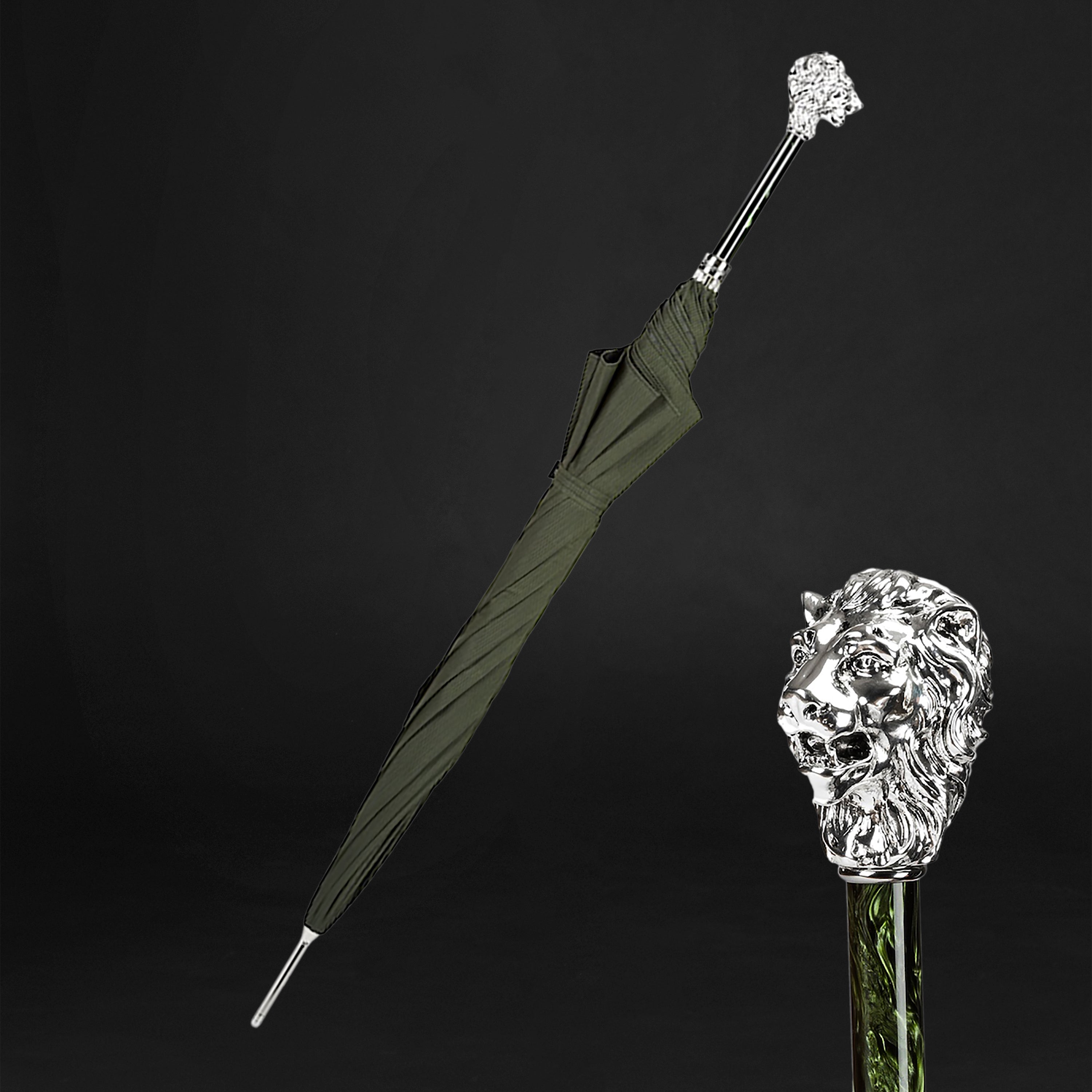 Green Umbrella, Silver Lion Handle Umbrella For Men | ART WALKING STICKS